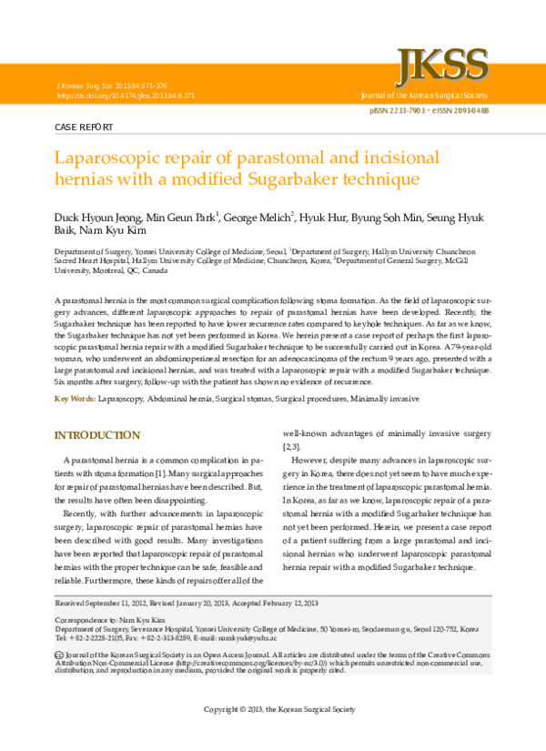 (PDF) Laparoscopic repair of parastomal and incisional hernias with a ...