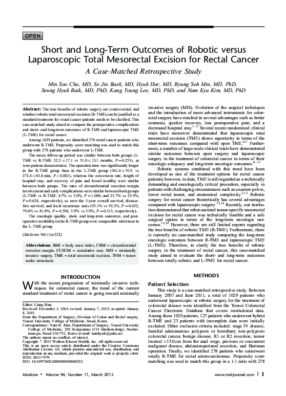 (PDF) Short and Long-Term Outcomes of Robotic versus Laparoscopic Total Mesorectal Excision for ...