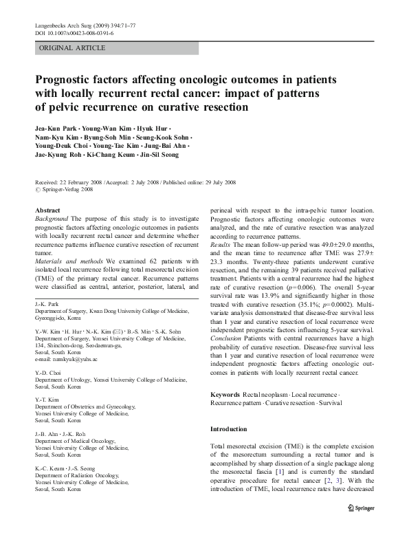 (PDF) Prognostic factors affecting oncologic outcomes in patients with locally recurrent rectal ...