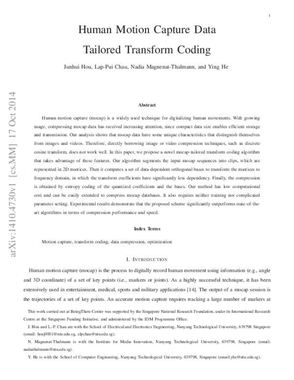 Pdf Human Motion Capture Data Tailored Transform Coding Lap Pui Chau