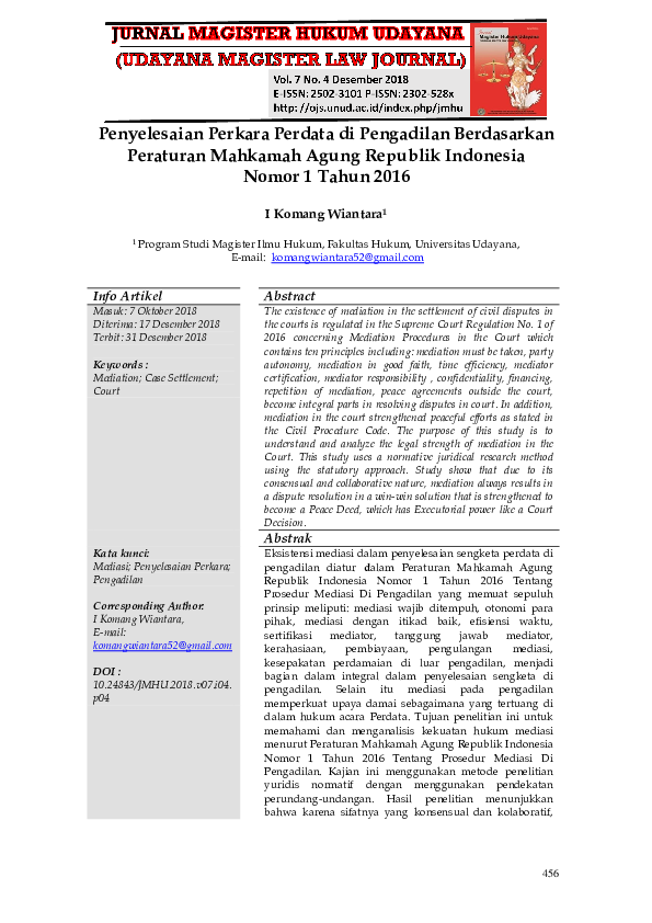 (PDF) Penyelesaian Perkara Perdata di Pengadilan Berdasarkan Peraturan Mahkamah Agung Republik ...