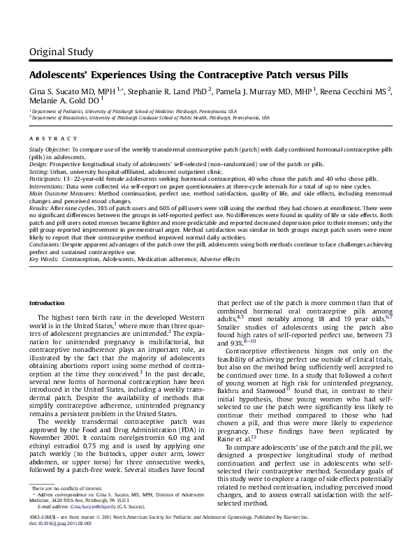 (PDF) Adolescents’ Experiences Using the Contraceptive Patch versus Pills