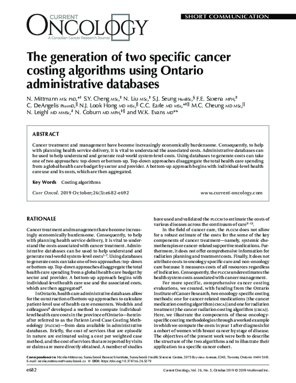 (PDF) The generation of two specific cancer costing algorithms using ...