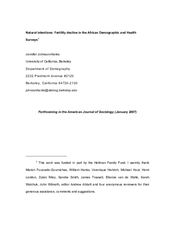 (PDF) Natural Intentions: Fertility Decline in the African Demographic ...
