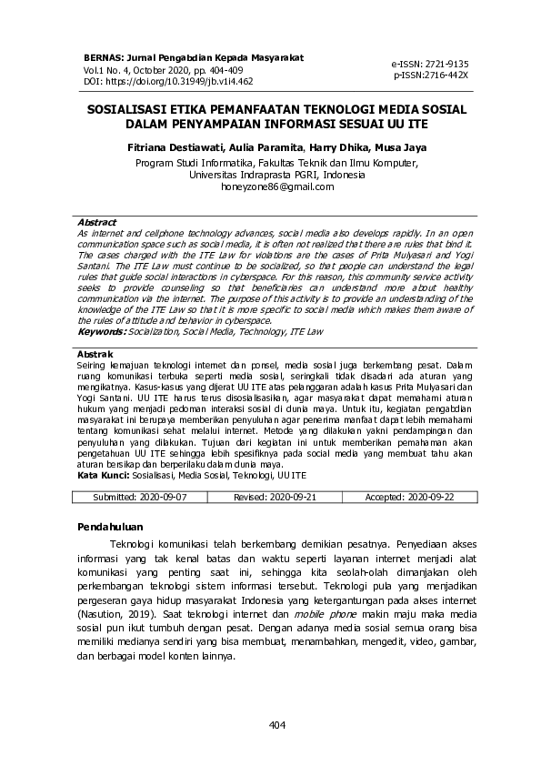 (PDF) Sosialisasi Etika Pemanfaatan Teknologi Media Sosial Dalam Penyampaian Informasi Sesuai Uu Ite