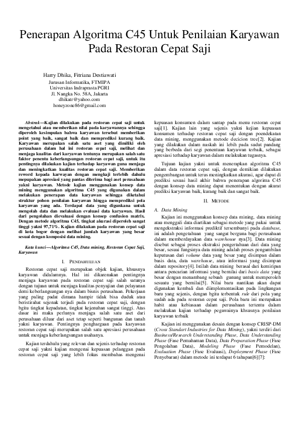 Penerapan Algoritma C45 Untuk Penilaian Karyawan Pada Restoran Cepat Saji