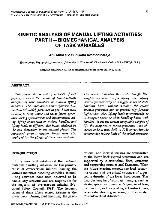 (PDF) Kinetic analysis of manual lifting activities: Part I ...