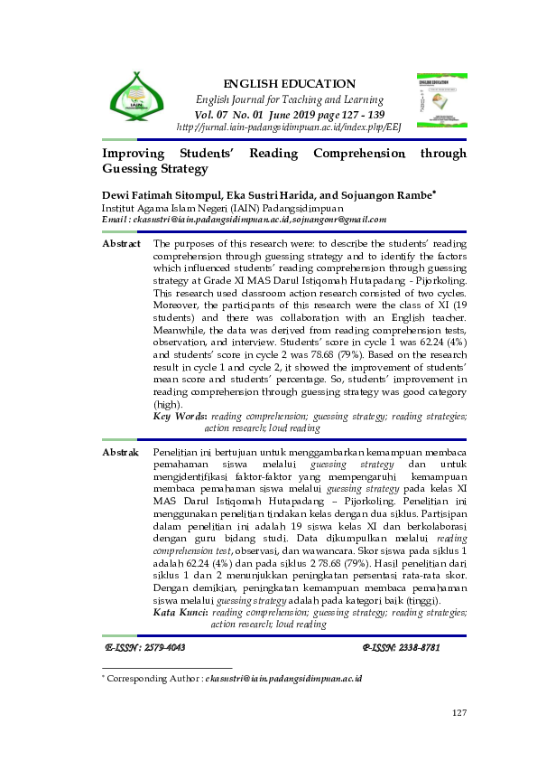 (PDF) Improving Students’ Reading Comprehension through Guessing Strategy