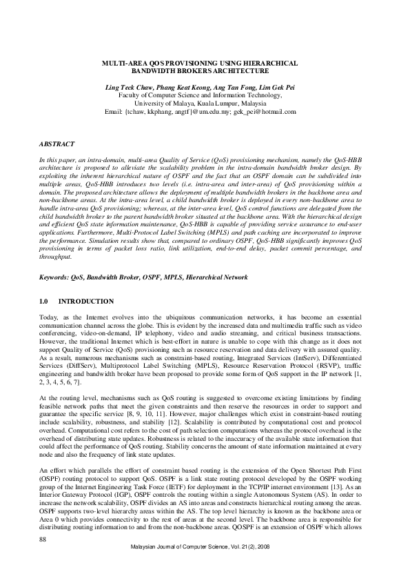 (PDF) Multi-Area QoS Provisioning Using Hierarchical Bandwidth Brokers Architecture