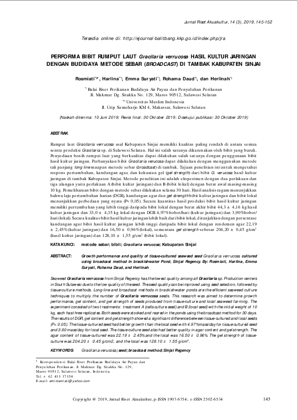 (PDF) PERFORMA BIBIT RUMPUT LAUT Gracilaria verrucosa HASIL KULTUR ...
