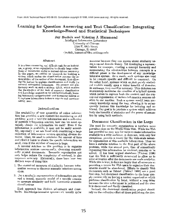 Pdf Learning For Question Answering And Text Classification Integrating Knowledge Based And