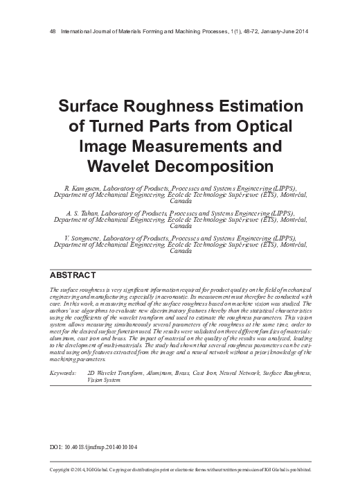 (PDF) Surface Roughness Estimation of Turned Parts from Optical Image Measurements and Wavelet ...
