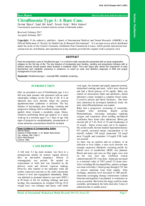(PDF) Citrullinemia Type 1: A Rare Case