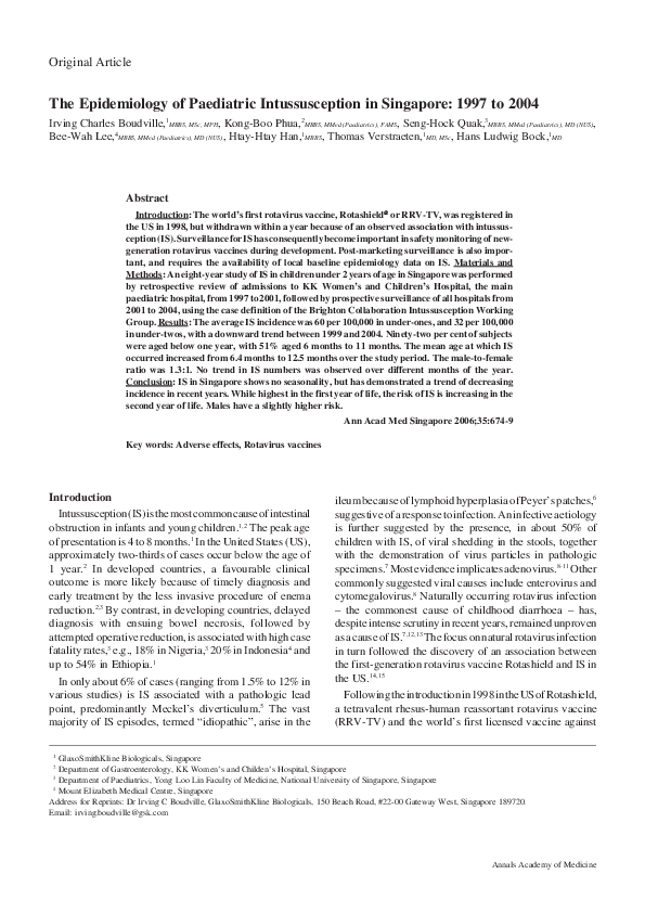 (PDF) The epidemiology of paediatric intussusception in Singapore: 1997 ...