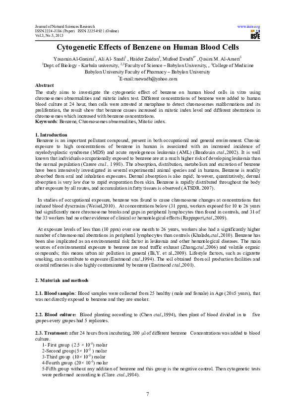 (PDF) Cytogenetic Effects of Benzene on Human Blood Cells