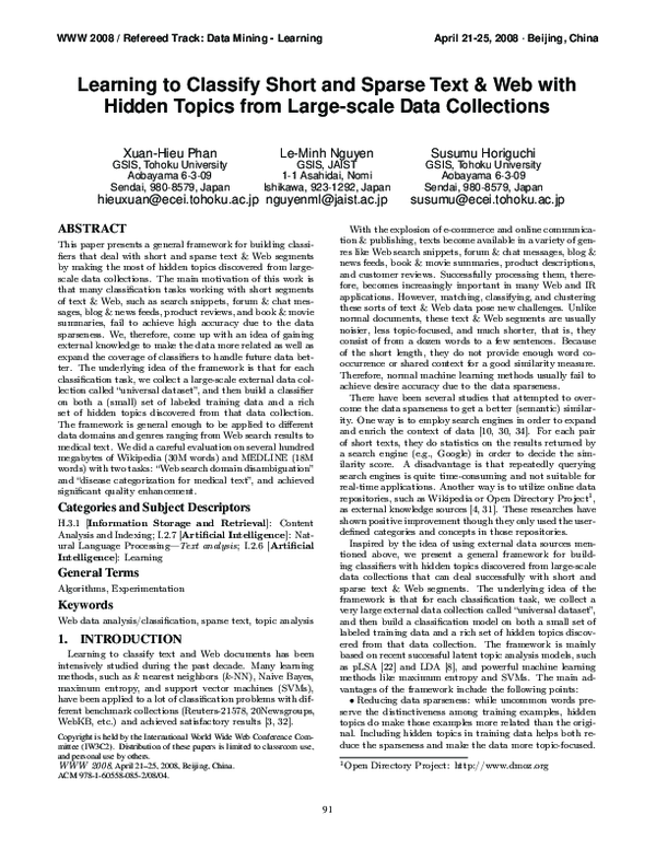 (PDF) Learning to classify short and sparse text & web with hidden topics from large-scale data ...