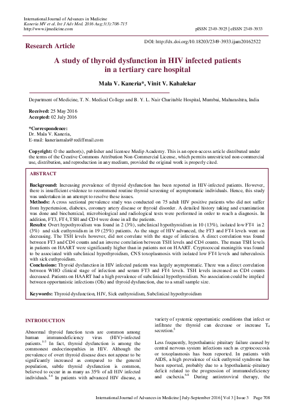 (PDF) A study of thyroid dysfunction in HIV infected patients in a ...