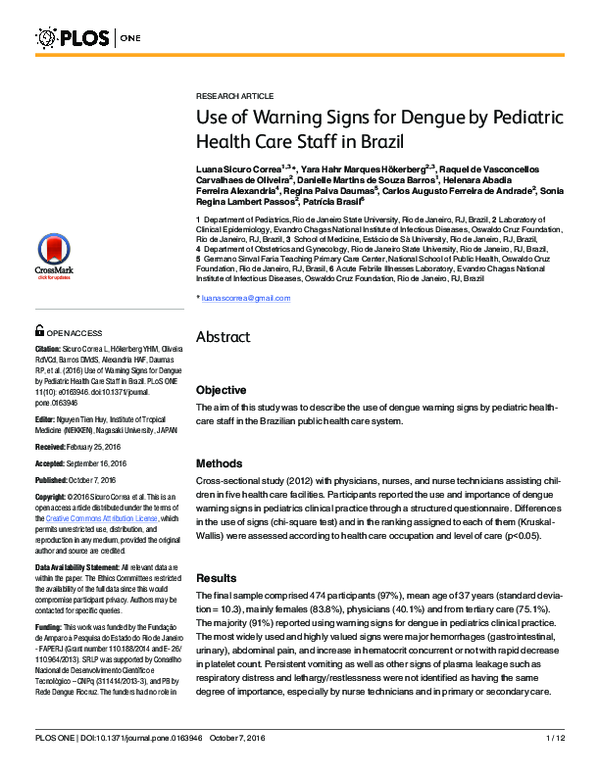 (PDF) Use of Warning Signs for Dengue by Pediatric Health Care Staff in ...