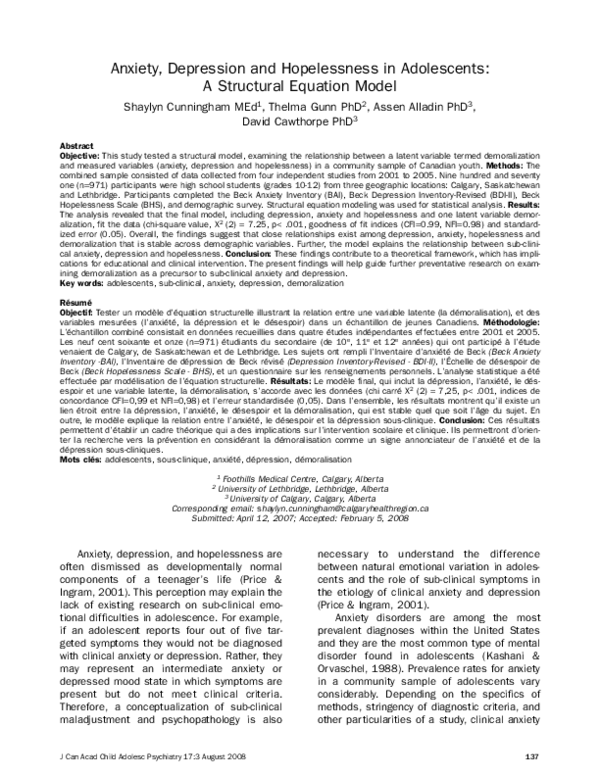 (PDF) Anxiety, depression and hopelessness in adolescents: a structural ...