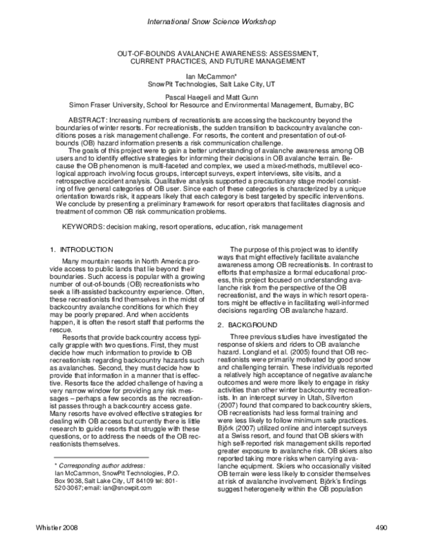 (PDF) Out-Of-Bounds Avalanche Awareness: Assessment, Current Practices, and Future Management