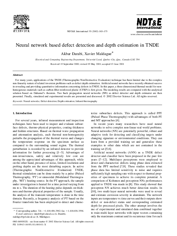 Pdf Neural Network Based Defect Detection And Depth Estimation In Tnde
