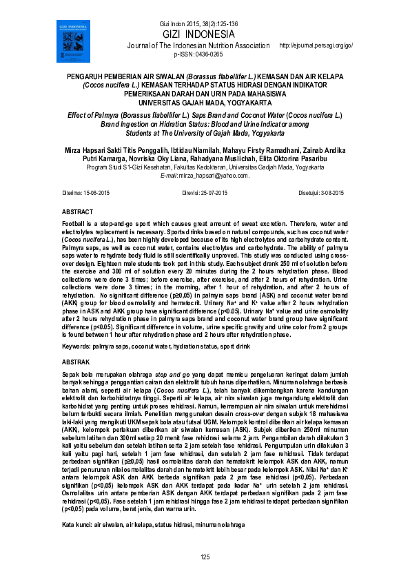 (PDF) PENGARUH PEMBERIAN AIR SIWALAN (Borassus flabellifer L.) KEMASAN ...