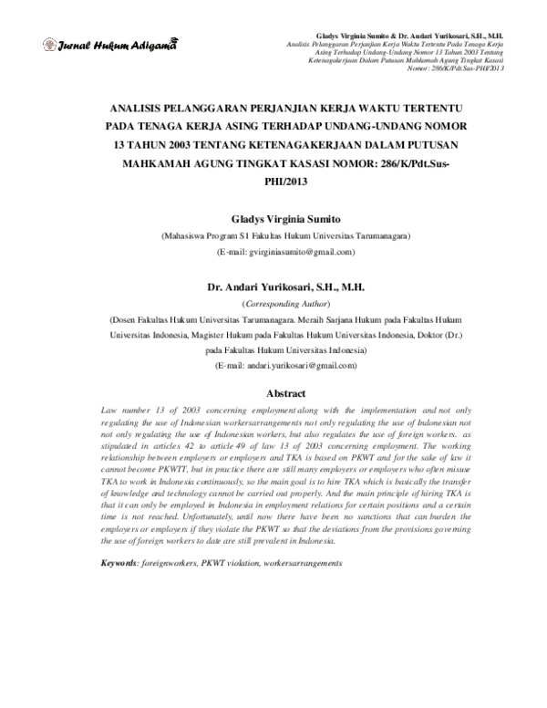 (PDF) ANALISIS PELANGGARAN PERJANJIAN KERJA WAKTU TERTENTU PADA TENAGA KERJA ASING TERHADAP ...