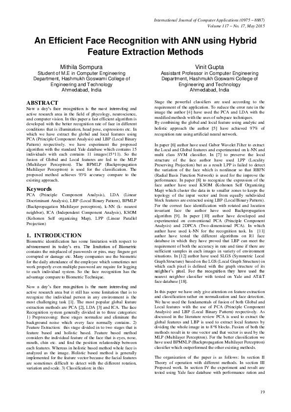 (PDF) An Efficient Face Recognition with ANN using Hybrid Feature ...
