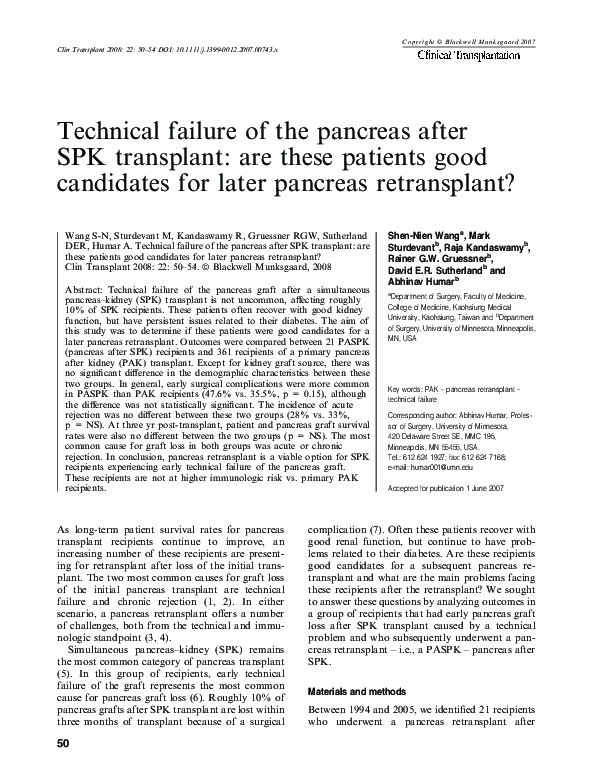 (PDF) Technical failure of the pancreas after SPK transplant: are these ...