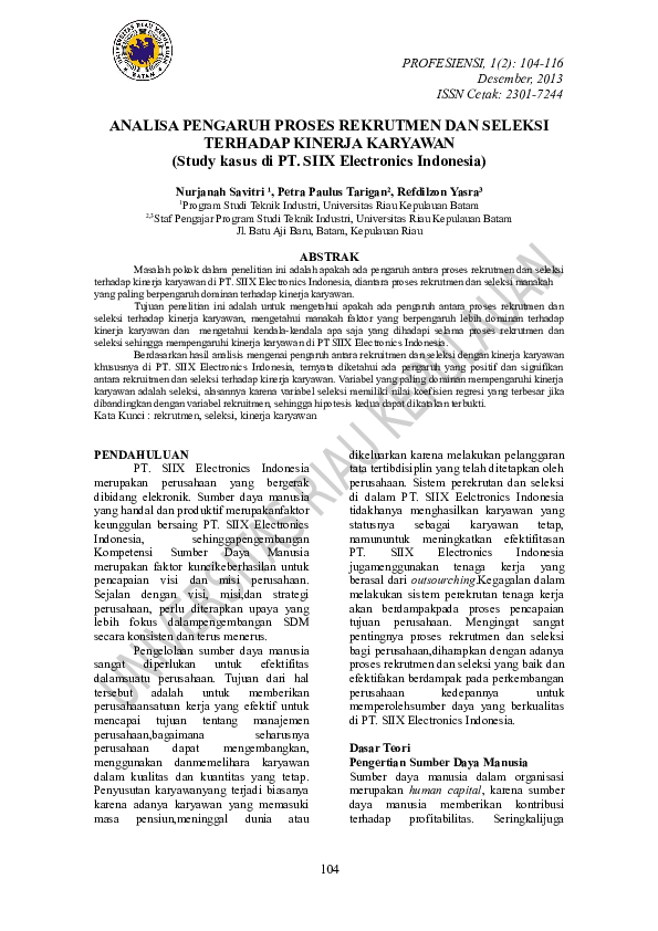 (PDF) ANALISA PENGARUH PROSES REKRUTMEN DAN SELEKSI TERHADAP KINERJA ...