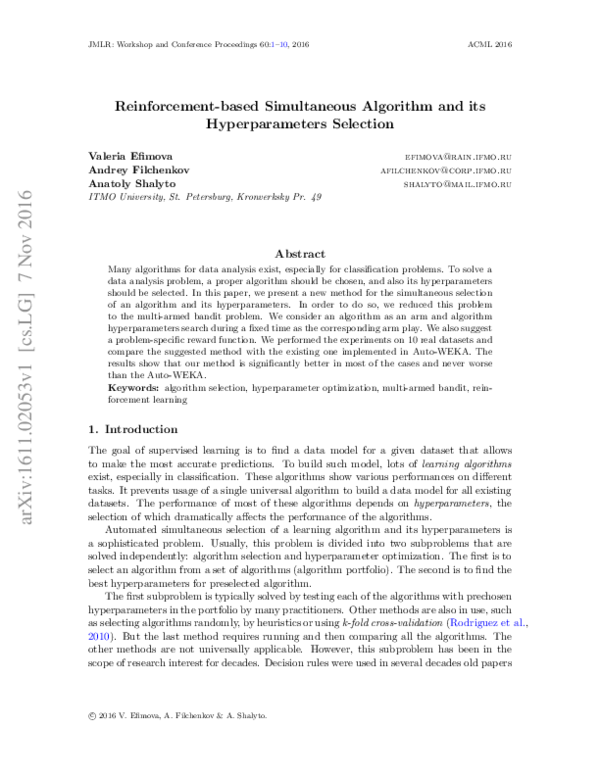 Pdf Reinforcement Based Simultaneous Algorithm And Its Hyperparameters Selection