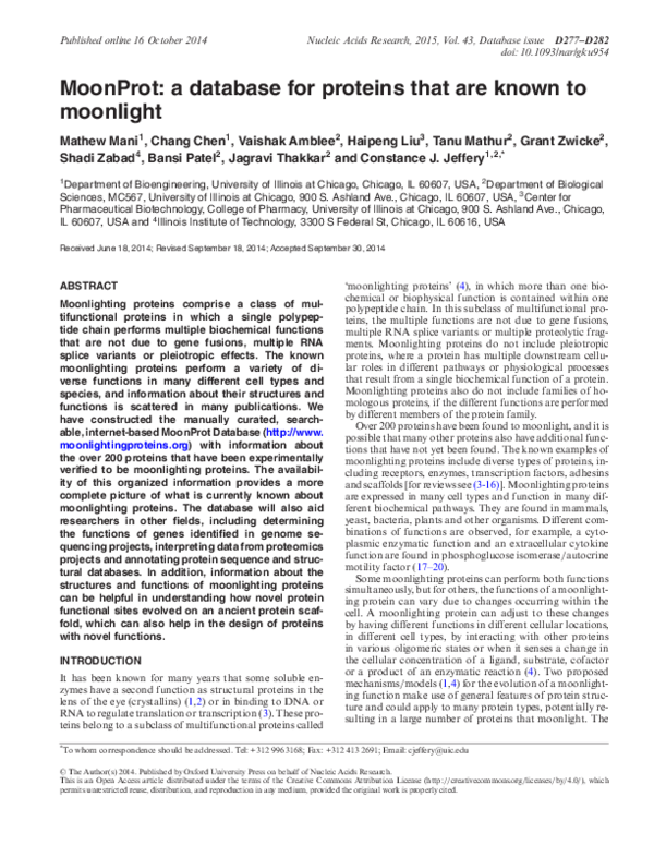 (PDF) Moonprot: A Database for Proteins that are Known to Moonlight