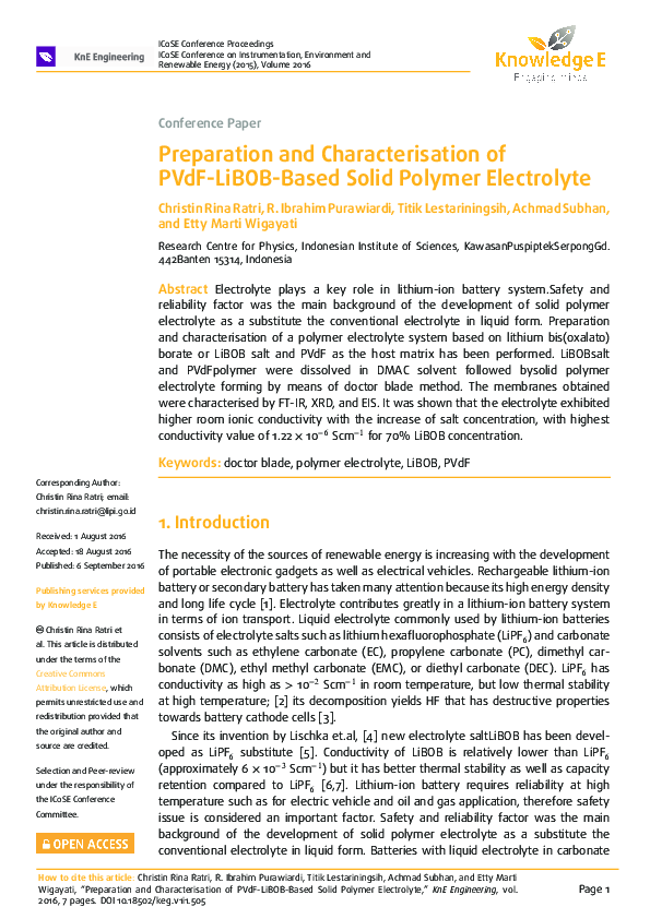 Preparation and Characterisation of PVdF-LiBOB-Based Solid Polymer ...