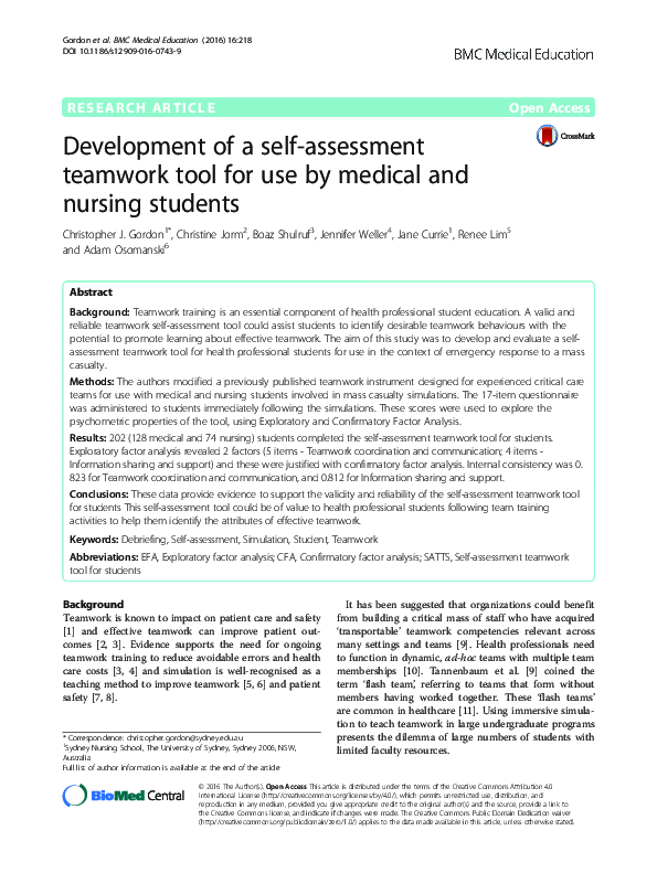 (PDF) Development of a self-assessment teamwork tool for use by medical ...