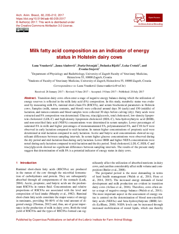 (PDF) Milk fatty acid composition as an indicator of energy status in Holstein dairy cows