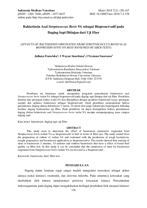 (PDF) Bakteriosin Asal Streptococcus Bovis 9A sebagai Biopreservatif pada Daging Sapi Ditinjau ...