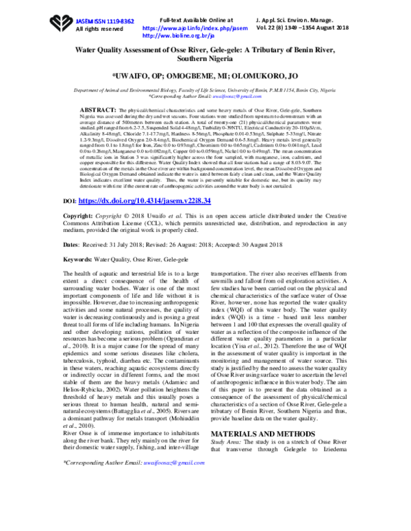(PDF) Water Quality Assessment of Osse River, Gele-gele: A Tributary of ...