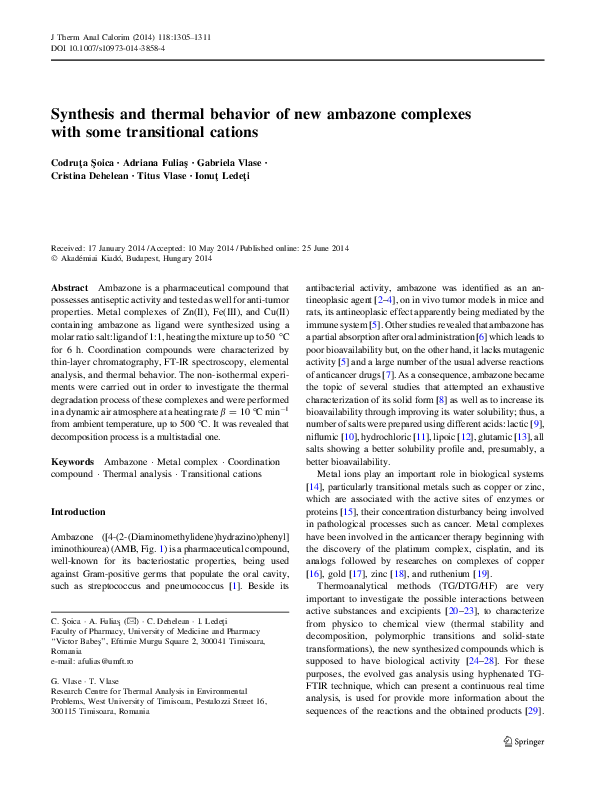 (PDF) Thermal Behavior of Ambazone Metal Complexes with Zn, Fe, Cu