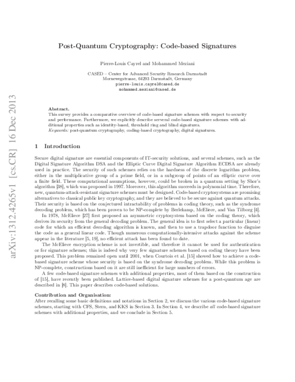 (PDF) Post-quantum Cryptography: Code-Based Signatures