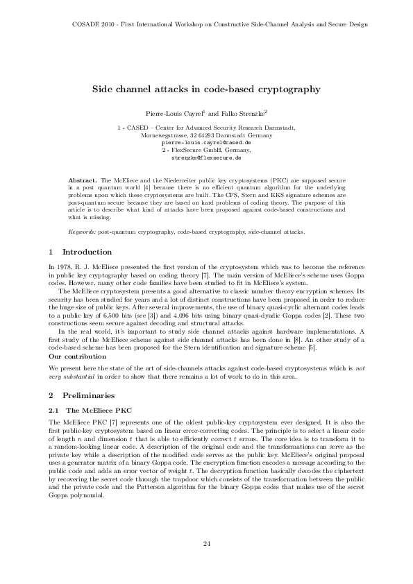(PDF) Side channel attacks in code-based cryptography