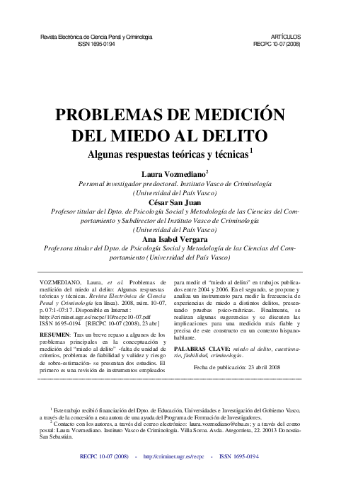 (PDF) Problemas de medición del miedo al delito: algunas respuestas teóricas y técnicas