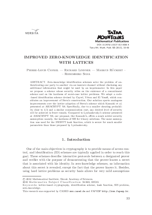 (PDF) Improved Zero-Knowledge Identification with Lattices | Pierre-Louis Cayrel - Academia.edu