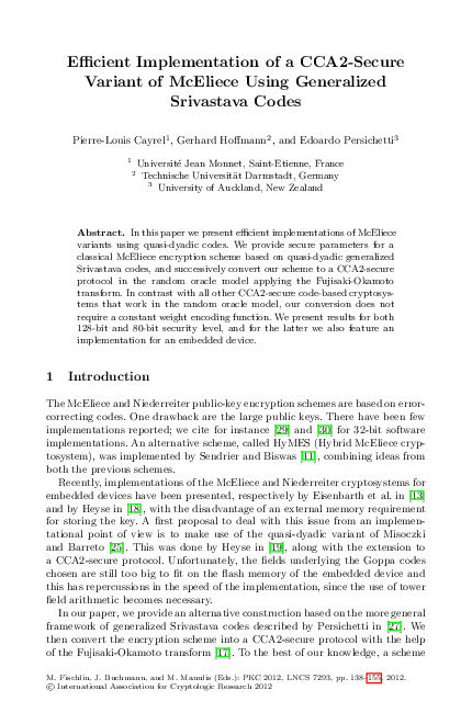 (PDF) Efficient Implementation of a CCA2-Secure Variant of McEliece Using Generalized Srivastava ...