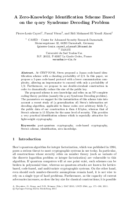 (PDF) A Zero-Knowledge Identification Scheme Based on the q-ary Syndrome Decoding Problem