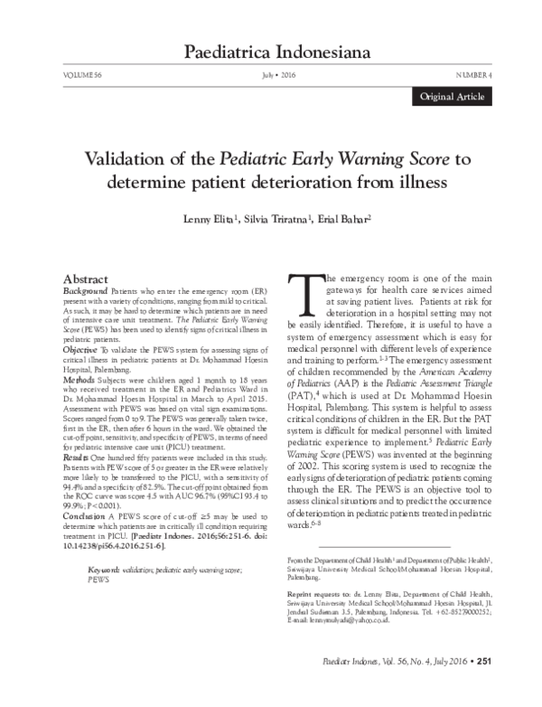 (PDF) Validation of the Pediatric Early Warning Score to determine ...