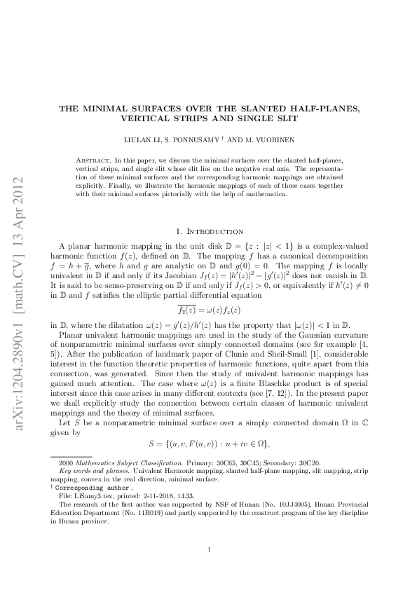 (PDF) The Minimal Surfaces Over the Slanted Half-Planes, Vertical ...