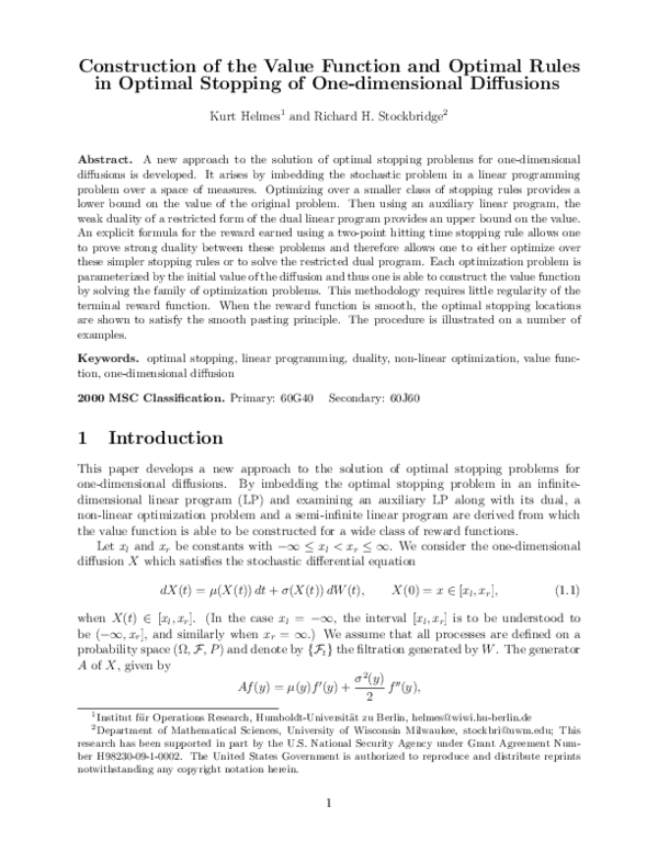 (PDF) Construction of the value function and optimal rules in optimal stopping of one ...
