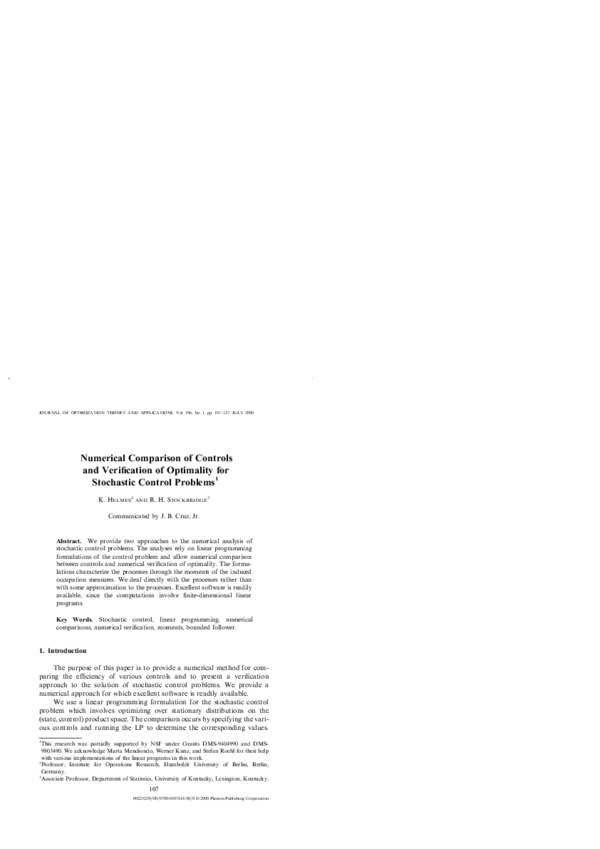(PDF) Numerical Comparison of Controls and Verification of Optimality ...