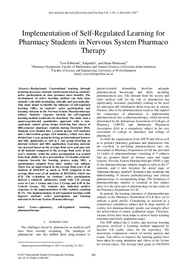 (PDF) Implementation of Self-Regulated Learning for Pharmacy Students in Nervous System Pharmaco ...