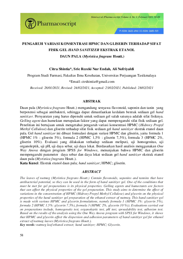 (PDF) PENGARUH VARIASI KONSENTRASI HPMC DAN GLISERIN TERHADAP SIFAT FISIK GEL HAND SANITIZER ...